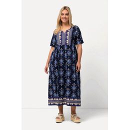 Ulla Popken Sommerkleid Midikleid A-Linie Tunika-Ausschnitt Halbarm