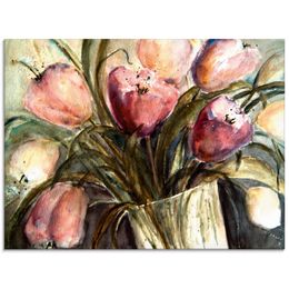 Glasbild Artland "Lila Tulpen in Vase" Bilder Gr. B/H: 80 cm x 60 cm, Glasbild Blumen Querformat, 1 St., lila Glasbilder
