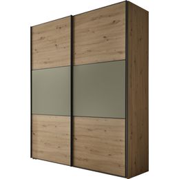 Schwebetürenschrank STAUD "Includo" Schränke Gr. B/H/T: 200 cm x 222 cm x 68 cm, Basic, 2 St., grün (dekor artisan eiche, salbei) Schwebetürenschränke und Schiebetürenschränke