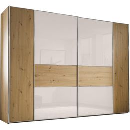 Schwebetürenschrank STAUD "Sonett 321G" Schränke Gr. B/H/T: 249 cm x 222 cm x 68 cm, Premium, Dekorfront, Mitte Glas, 4 St., weiß (eiche, ws) Schwebetürenschränke und Schiebetürenschränke