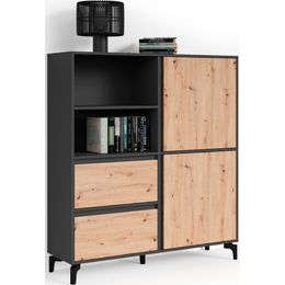 Highboard ByLiving "Blackwood" Sideboards Gr. B/H/T: 126 cm x 141 cm x 38 cm, Anthrazit-Artisan Eiche, 2, schwarz (anthrazit, artisan eiche) Highboards