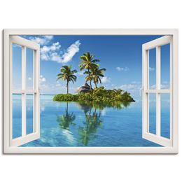 Wandbild Artland "Fensterblick Insel Palmen Meer" Bilder Gr. B/H: 130 cm x 90 cm, Leinwandbild Fensterblick Querformat, 1 St., weiß Kunstdrucke