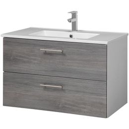 HELD MÖBEL Waschtisch HELD MÖBEL "Trento Badezimmerschrank mit Becken Bestseller" Waschtische Gr. Becken weiß eckig, silberfarben (eiche rauchsilber, weiß) Waschtische Badmöbel in Breite 80 cm , Waschplatz mit 2 Schubladen, Badschrank