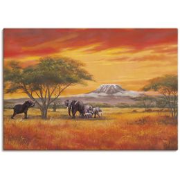 Wandbild Artland "Elefanten" Bilder Gr. B/H: 100 cm x 70 cm, Leinwandbild Elefanten Bilder Querformat, 1 St., orange Kunstdrucke
