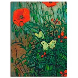 Leinwandbild Artland "Schmetterlinge auf Mohnblüten" Bilder Gr. B/H: 90 cm x 120 cm, Blumen Hochformat, 1 St., grün Leinwandbilder