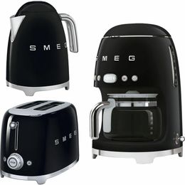 Morning Set Wasserkocher schwarz 1,7 Liter + 2-Scheiben Toaster schwarz + Filterkaffeemaschine schwarz 50´s Retro Style - Smeg
