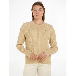 Rundhalspullover Tommy Hilfiger "CO CABLE C-NK SWEATER" Gr. M (38), beige (harvest wheat) Damen Pullover Zopfmuster