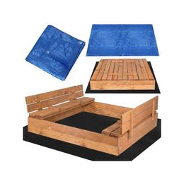 Holz-Sandkasten mit Sitzbänken 120 x 120 cm Extra Vlies für Sandkästen und Abdeckplane Imprägniertes Holz Kinder-Sandkasten Spielplatz - marrone