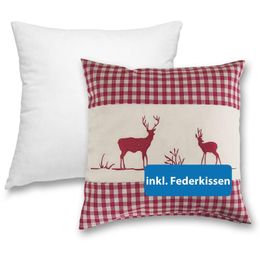 wometo - Kissenbezug Kissenhülle 40x40 cm Hirsch rot mit Federkissen Füllung OekoTex - Reißverschluss Landhaus-Stil Dekokissen Zierkissen Stick