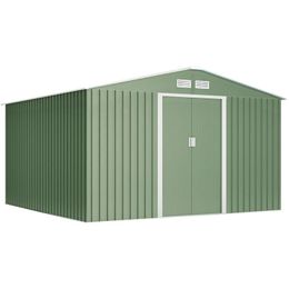 Wasabi Metallgerätehaus 10,2 m2 Light Green- 4 Antikondensationsgitter - Grün und Beige - Doppelschiebetür - Gartenhaus aus Metall