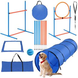 Agility Set Hunde 5 in 1 Agility-Übungs-Set Slalom-Hundetunnel-Sprungring-Pausenbox Hundesport Trainingsplatz - Blau, Orange - VINGO