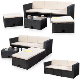 Melko Lounge Sofa-Garnitur Gartenset, Polyrattan, mit Glastisch, inklusive Kissen, Schwarz