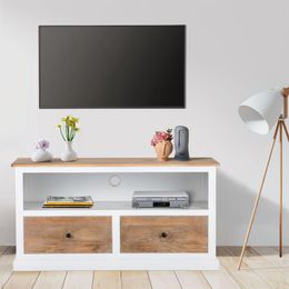 Womo-design - tv Lowboard mit 2 Schubladen, 110x45x57 cm, Natur/Weiß, aus Mangoholz