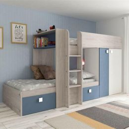 Etagenbett für zwei Kinder mit Schubladen und Kleiderschrank in Vintage-Weiß und Hellblau
