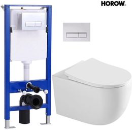 Horow - Spülrandlos Hänge wc Wand Toilette Komplettset -mit Softclose WC-Sitz + schallgedämmt Vorwandelement mit Drückerplatte