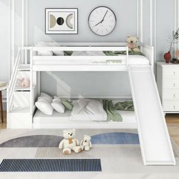 Doppelbett mit Treppe und Rutsche, Rahmen Kiefer massiv, mit zwei Schubladen, 90x200 cm, weiß