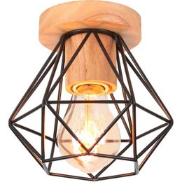 Industrielle Retro Deckenlampe Holz Metall Deckenleuchte Käfig Pendelleuchte für Wohnzimmer Restaurant Café Schwarz 1 Stück