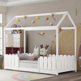 Hausbett 90x200 cm - vielseitiges Holz Kinderbett für Jungen & Mädchen - Mit Rausfallschutz und Lattenrost – Weiß (Ohne Matratze) Okwish Weiß