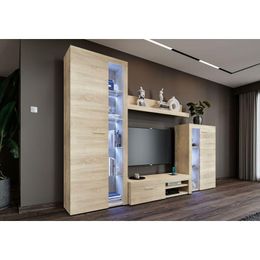 Mediawand rivay Wohnwand TV-Lowboard Vitrine led 4-tlg. 270cm Eiche Sonoma - Furnix