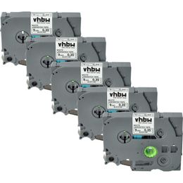 vhbw 5x Schriftband-Kassette kompatibel mit Brother pt D600, D600VP, D450, D450VP, H100LB, H100R, E100, E100VP Etiketten-Drucker 9mm Schwarz auf Weiß