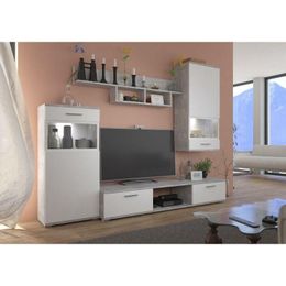 Furnix - Mediawand amadao Wohnwand 4-tlg. mit Glas-Vitrine und TV-Board Beton-Weiß