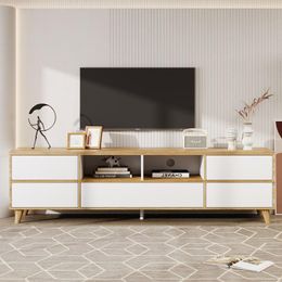 TV-Schrank, Lowboard, Wohnzimmermöbel in Weiß und Holzfarben. Fächern und Türen im natürlichen Landhausstil Okwish
