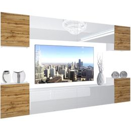 Belini - Wohnwand Vollausstattung Wohnzimmer-Set Moderne Schrankwand mit LED-Beleuchtung Anbauwand TV-Schrank Eiche Wotan/Weiß Top