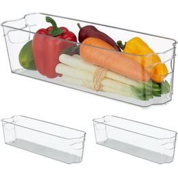 Relaxdays 3 x Kühlschrank Organizer, Aufbewahrung von Lebensmitteln, HxBxT: 10 x 38 x 10,5 cm, Küchenbox mit Griff, transparent