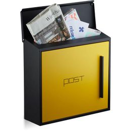 Relaxdays - Briefkasten gelb modern Zweifarben Design, DIN-A4 Einwurf, Stahl, groß, HxBxT: 33 x 35 x 12,5 cm, schwarz-gelb