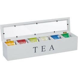 Teebox, 6 Fächer, Teebeutel Aufbewahrung, Bambus, Acryl, Teekiste mit Sichtfenster, hbt: 9 x 43,5 x 9 cm, weiß - Relaxdays