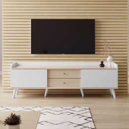 Okwish - TV-Schrank mit zwei Schubladen, Fernsehtisch tv Board, tv- Lowboard niedrige Platte mit zwei Schiebetüren. Exquisite Textur. Weiß und