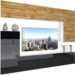 Belini - Wohnwand Vollausstattung Wohnzimmer-Set Moderne Schrankwand mit LED-Beleuchtung Anbauwand TV-Schrank Wotan Eiche/Schwarz