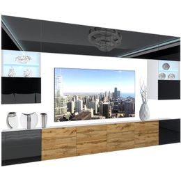 Wohnwand Vollausstattung Wohnzimmer-Set Moderne Schrankwand mit LED-Beleuchtung Anbauwand TV-Schrank Schwarz/Wotan Eiche - Belini