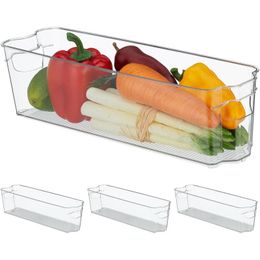 Relaxdays 4 x Kühlschrank Organizer, Aufbewahrung von Lebensmitteln, HxBxT: 10 x 38 x 10,5 cm, Küchenbox mit Griff, transparent