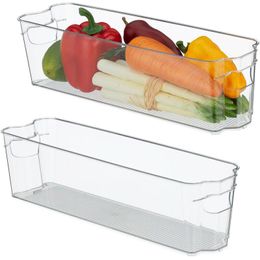 Relaxdays 2 x Kühlschrank Organizer, Aufbewahrung von Lebensmitteln, HxBxT: 10 x 38 x 10,5 cm, Küchenbox mit Griff, transparent