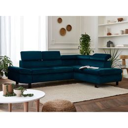 Lisa Design - Nairobi – ecksofa mit schlaffunktion – aus samt – 5-sitzer – mit kopfstützen – rechts - entenblau