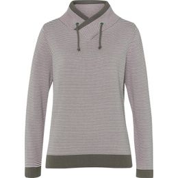 Damen Langarm-Pullover mit &uuml;berlappendem Stehkragen anthrazit-ecru-geringelt, Gr&ouml;&szlig;e 38