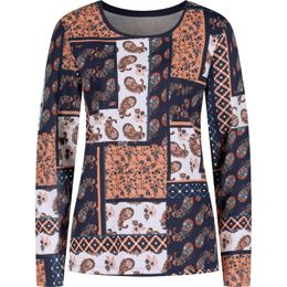 Damen Langarmshirt im Patchwork-Druck papaya-marine-bedruckt, Gr&ouml;&szlig;e 48
