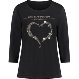 Damen 3/4-Arm-Shirt mit Herz-Motiv schwarz-beige, Gr&ouml;&szlig;e 46