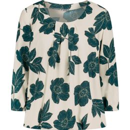 Damen Schlupfbluse mit gro&szlig;en Bl&uuml;ten champagner-petrol-bedruckt, Gr&ouml;&szlig;e 52