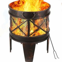 Tlgreen - Feuerschale 58 x 45 x 42 cm,Feuerkorb, Kamin mit Feuerschale Rund in Antik-Rost-Optik, Griff und Schürhaken, Mehrzweck-Feuerkorb für schöne