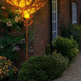 etc-shop Solarlampen für außen Garten Steckleuchte IP44 Akku Solarleuchten Garten, Rotierend, Metall rostfarben Glas amber crackle, 1x led 3000K, DxH 14,5x90cm