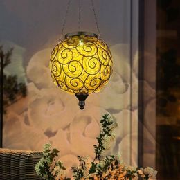 etc-shop Solarlampen für Außen Pendelleuchte Gartendeko für draußen Hängeleuchte Balkon Glas antik, Akku IP44 Wetterfest, Metall schwarz amber, 1x led 6000K,