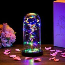 Minkurow - Galaxy Rose Geschenke für Mama LED-Lichter Kristall ewige Schönheit und Biest rosa Rose in Glaskuppel Galaxy Rose Blume Geschenke für