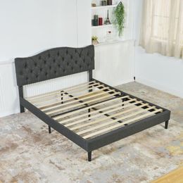 Doppelbett (140 x 190 cm) mit gepolstertem Kopfteil aus grauem Stoff, Lattenrost aus Pappelholz (Matratze nicht im Lieferumfang enthalten) - Grau