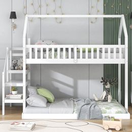 Kinder-Etagenbett mit Treppe, Absturzsicherung, Kiefernstruktur, weiß (90x200 cm)