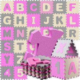 Spielwerk - 86-teilige Puzzlematte Baby Kinder 3,3m² Spielmatte Bodenschutzmatte Krabbelmatte Buchstaben Zahlen abc Lernteppich xxl Schaumstoff Pink