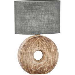 Fischer Leuchten - Tischlampe Tischleuchte Nachttischleuchte Beistelllampe Wohnzimmerlampe, Keramik Holzfarben braun Stoffschirm grau, E27, h 53 cm