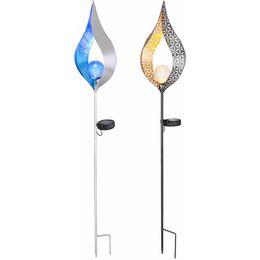 etc-shop Solarleuchte Flamme Garten Solarstab für Außen Solar Garten Deko für Außen, mit Erdspieß und Lichteffekt in gelb und blau, 1x led, h 90 cm, 2er Set