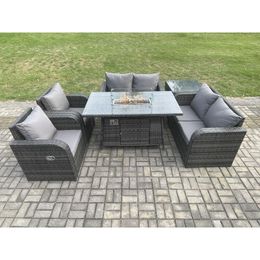 Fimous - 6-Sitzer Rattan Gartenmöbel Set Propan Gas Feuergrube Tisch und Sofa Stuhl set mit Beistelltisch